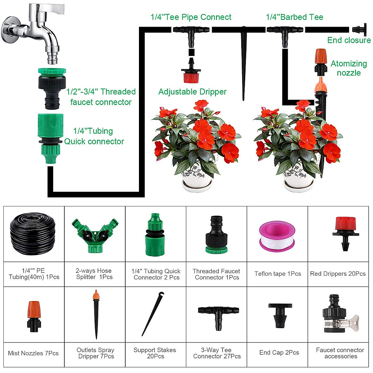 Philonext Drip Irrigation,130ft/40M Garden Irrigation System, Adjustable Automatic Micro Irrigation Kits,1/4" Blank Distribution Tubing Hose Suit for Garden Greenhouse, Flower Bed,Patio,Lawn (40M)