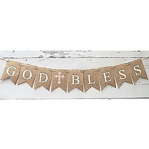 First Communion God Bless Banner - Ready to Hang Burlap Garland - Baptism Christening Church Celebration Decoration – Pink Cross Confirmation Design by Jolly Jon