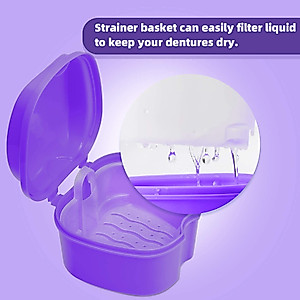 Denture Soaking Cup Dental Retainer Case Cleaning with Strainer Basket, Orthodontic Bath Box Mouthguard Storage Holder - Leak Proof and Lid Waterproof - Purple