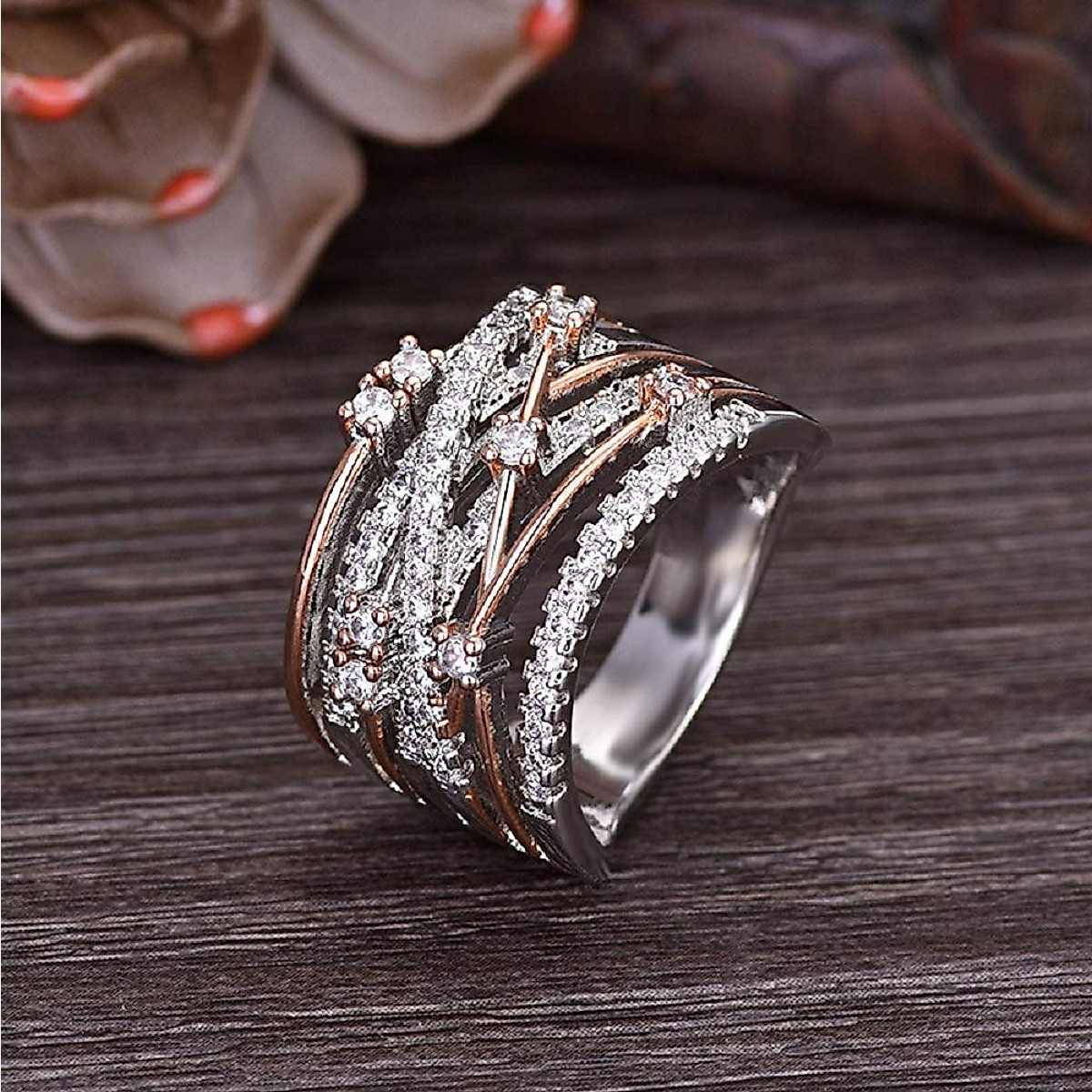 YUANYI Two Tone Intertwined Crossover Statement Ring Fashion Breadth Band Rings for Women Rose Gold Index Finger Ring (US code 10)