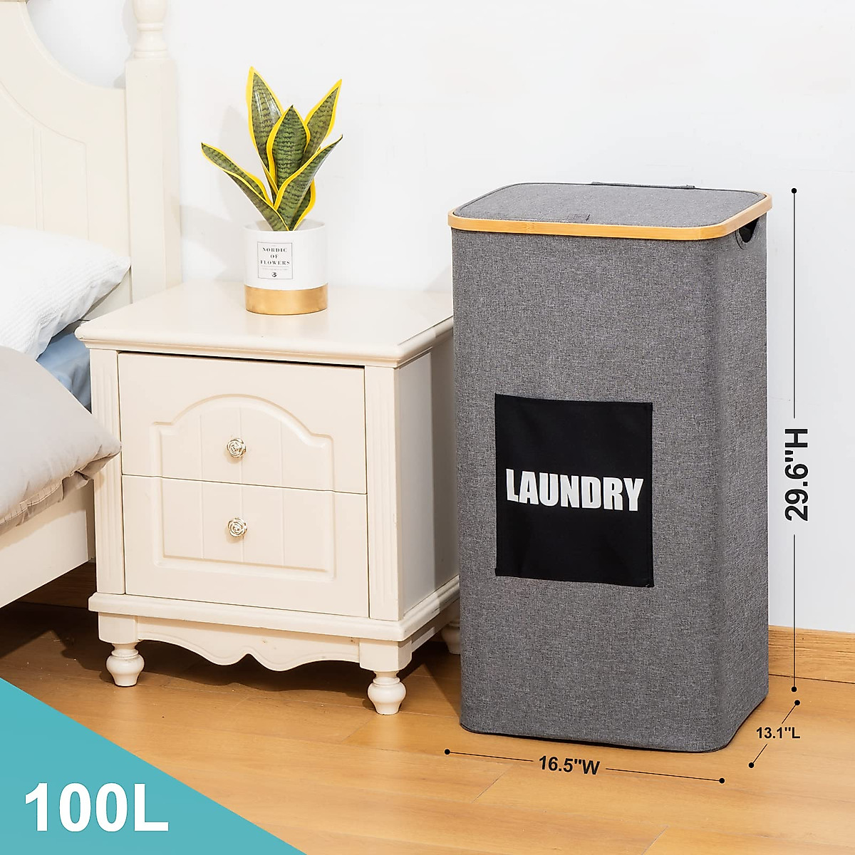 Uross Laundry Hamper with Lid- 100L Large Laundry Basket with Bamboo Handles, Clothes Hamper with Lid for Bedroom, Tall Laundry Hamper Basket with Lid, Big Dirty Clothes Hamper for Laundry, Grey