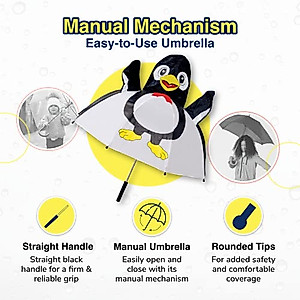The Weather Station Children's Rain Umbrella, Manual Metal Folding Pop Up Mini Umbrella, Windproof, Lightweight, and Packable for Travel, Full 32 Inch Arc, Penguin