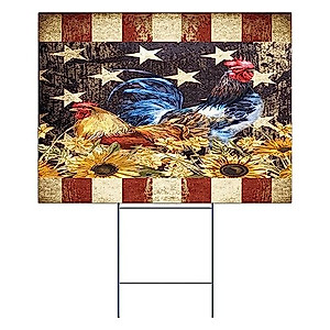 America 4th of July Patriotic Rooster Yard Lawn Sign 18x24 Inch Patriotic US American Flag Custom Yard Sign for House Rent Outdoor Decoration