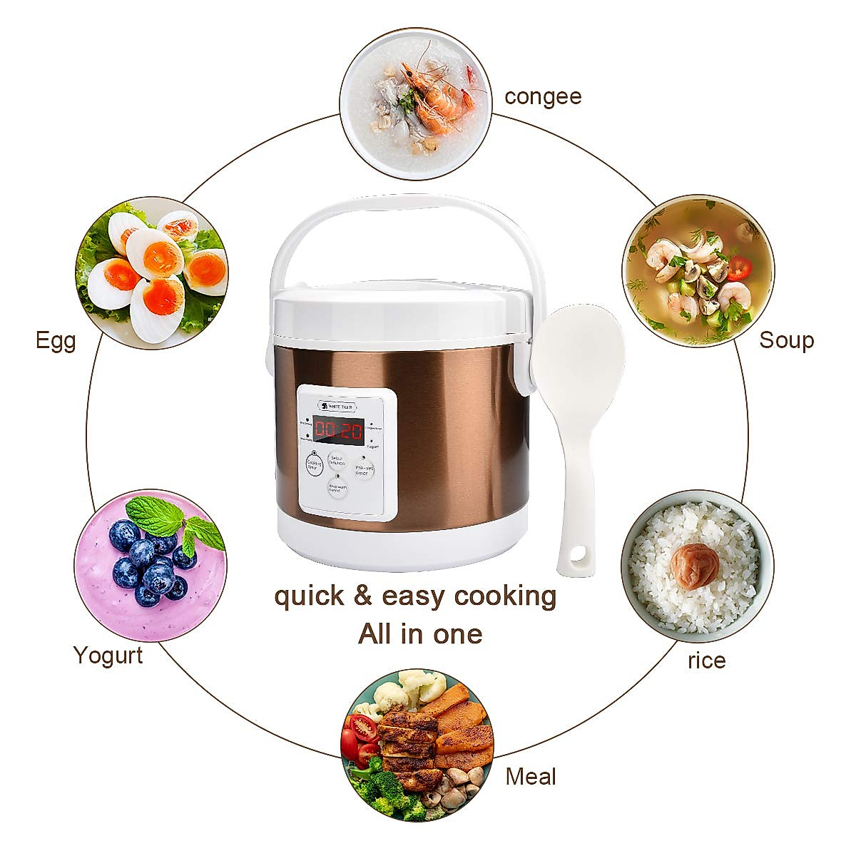HOMCORT 2.0L Mini Rice Cooker, 25 Minutes Fast Cooking, 3 Cups (Uncooked), with Non-stick Pot, Keep Warm Function, for Soup, Rice, Stews, Grains & Oatmeal - Gold