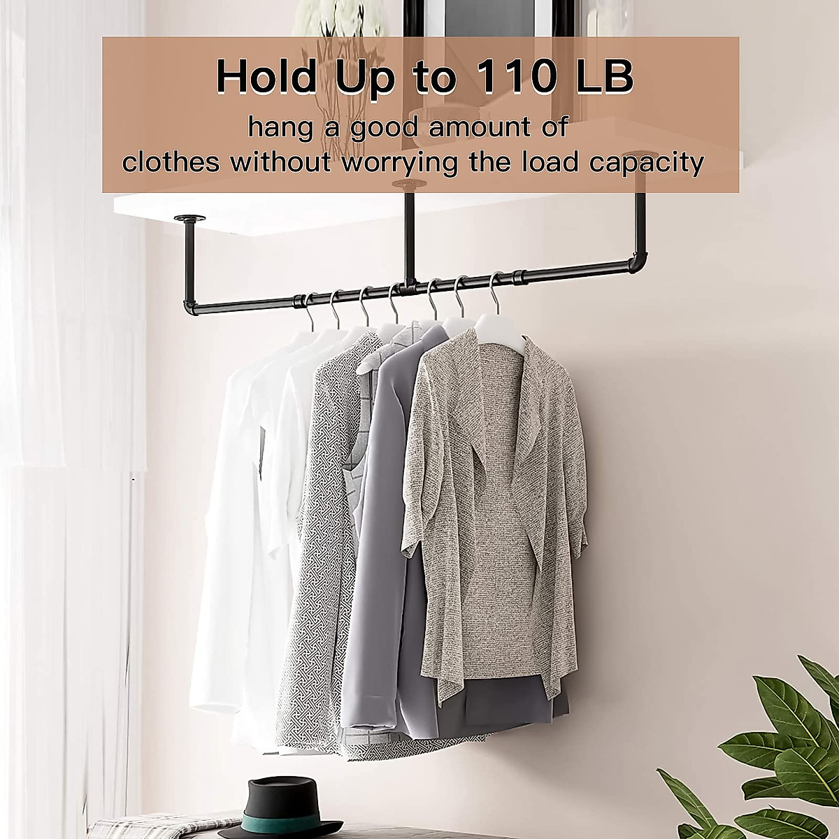 Varsoul Clothes Hanger Pole Wall Mount, 72" Heavy Duty Detachable Black Iron Garment Bar Hanging Rod Holder, Clothes Rail Shelf Wardrobe Organizer for Laundry Room & Closet Storage, 3 Base