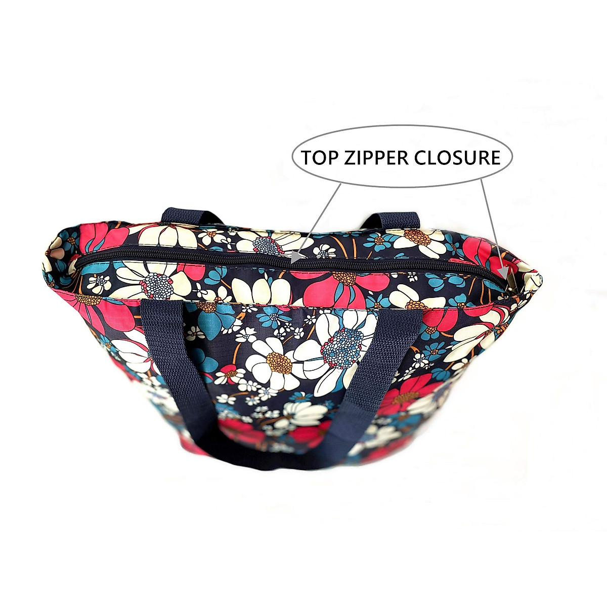 NC 4 Pack Foldable Kitchen Reusable Grocery Bags Floral Designs with Zipper Folding Shopping Tote Bags Lightweight Durable Large Bags 50LBS for Grocery