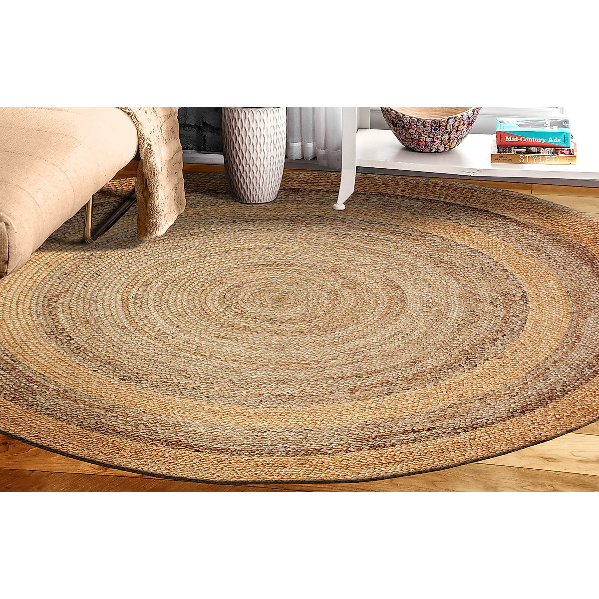 LR Resources Jute LR12032-NGY40RD Natural/Gray Round X 4 ft Indoor Area Rug, 4' x 4'