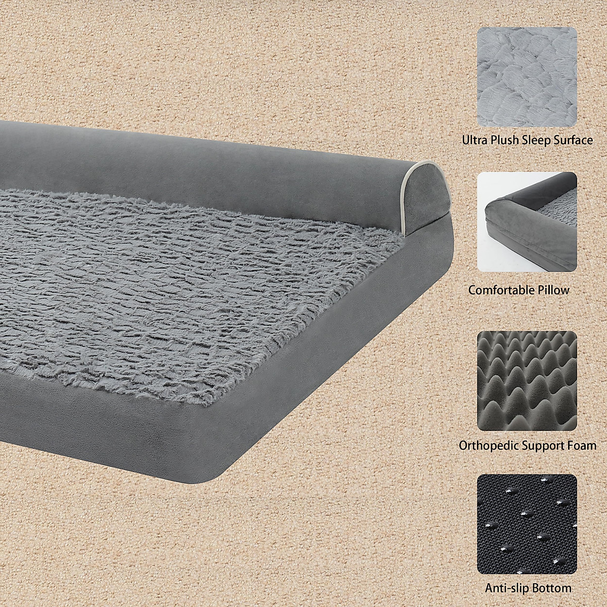 Orthopedic Dog Bed Waterproof Dog Beds for Large Dogs Deluxe Plush L-Shaped Dog Couch Beds with Egg Crate Foam Removable Washable Cover & Nonskid Bottom(Grey, L(36''x27''x6.5''))