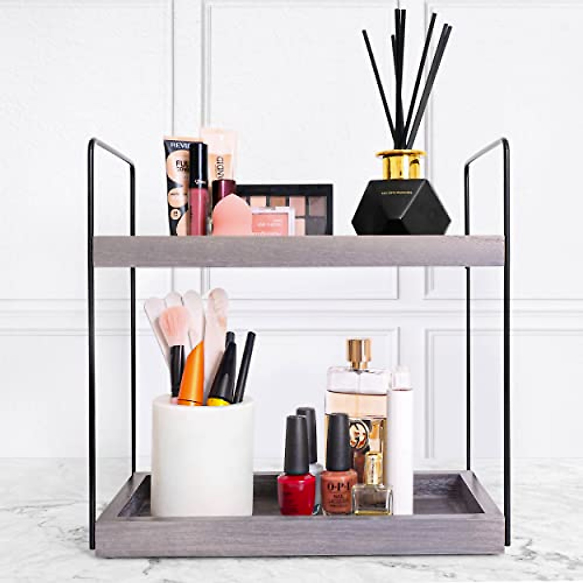 Hidden Haven - Upgraded - 2 Tier Wooden Countertop Organizer Lightly Lacquered to Resist Water and Stains - Multi-Use Organizer - Bathroom Organizer, Kitchen Organizer (Smoked Ash)