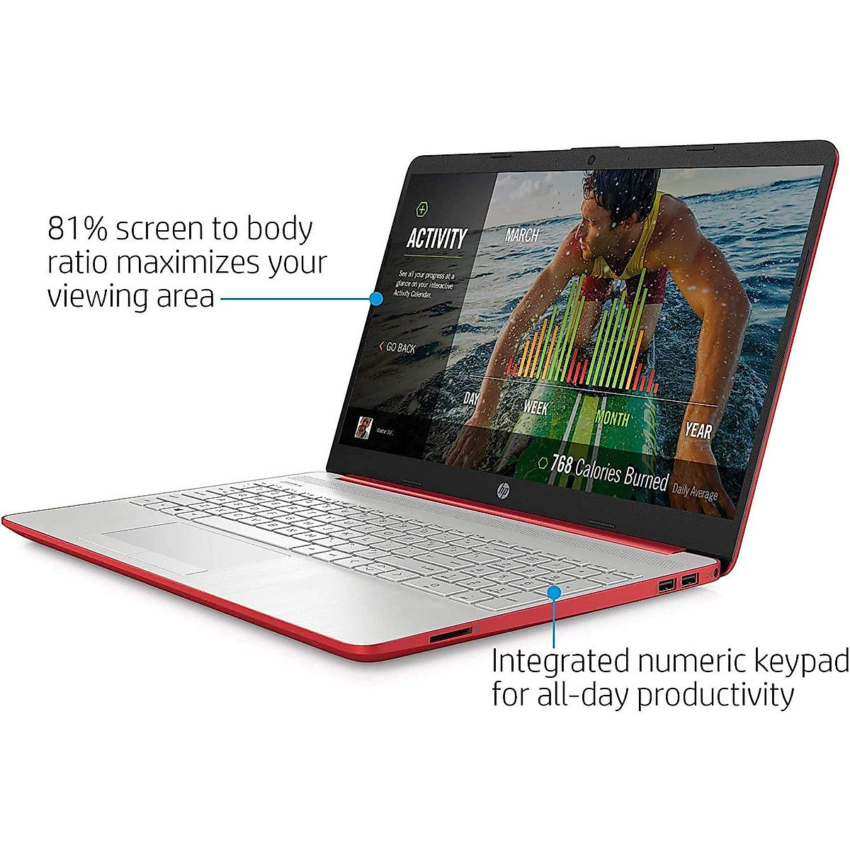 HP Laptop, 15.6" HD Display, Intel Pentium Gold 6405U 2.4 GHz Processor, 16GB Memory, 2TB SSD, SD Card Reader, Webcam, HDMI, USB-C, RJ-45, Wi-Fi, Windows OS, Red, JVQ MP