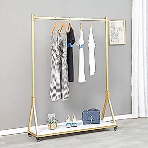 WFDERAN Modern Simple Heavy Duty Metal and Wood Rolling Clothing Garment Rack with Wheel,Creative Commercial Wedding Dress Display Shelf,Floor-Standing Clothes Hangers (Gold with Wood, 47.2" L)