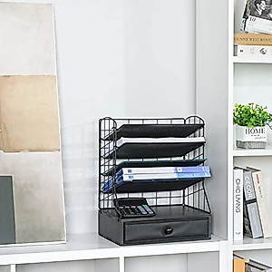 5-Trays File Organizer with Drawer,Mesh Desk Organizers,Letter Tray Paper Organizer,Height Adjustable File Holder for Office School Home（Black）