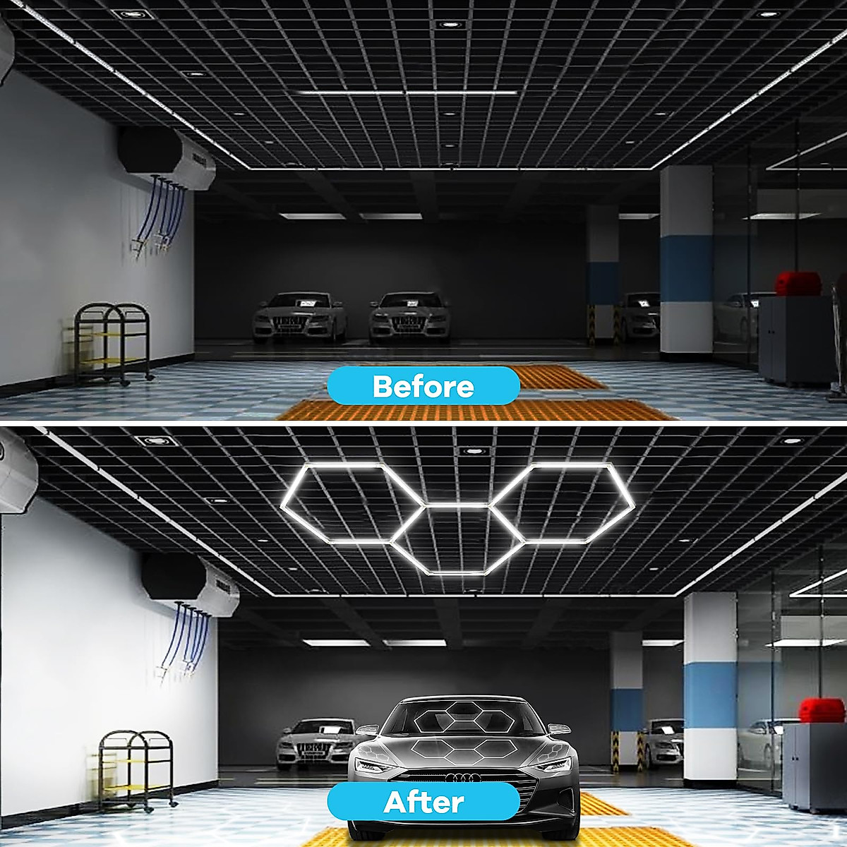 CDKMAX LED Hexagon Garage Light 3.0 Hex Grid Honeycomb LED Shop Light 135W 21400LM 6500K Hexagon Lighting System Car Detailing Shop LED Ceiling Lights for Home Gym Garage Workshop Basement Warehouse