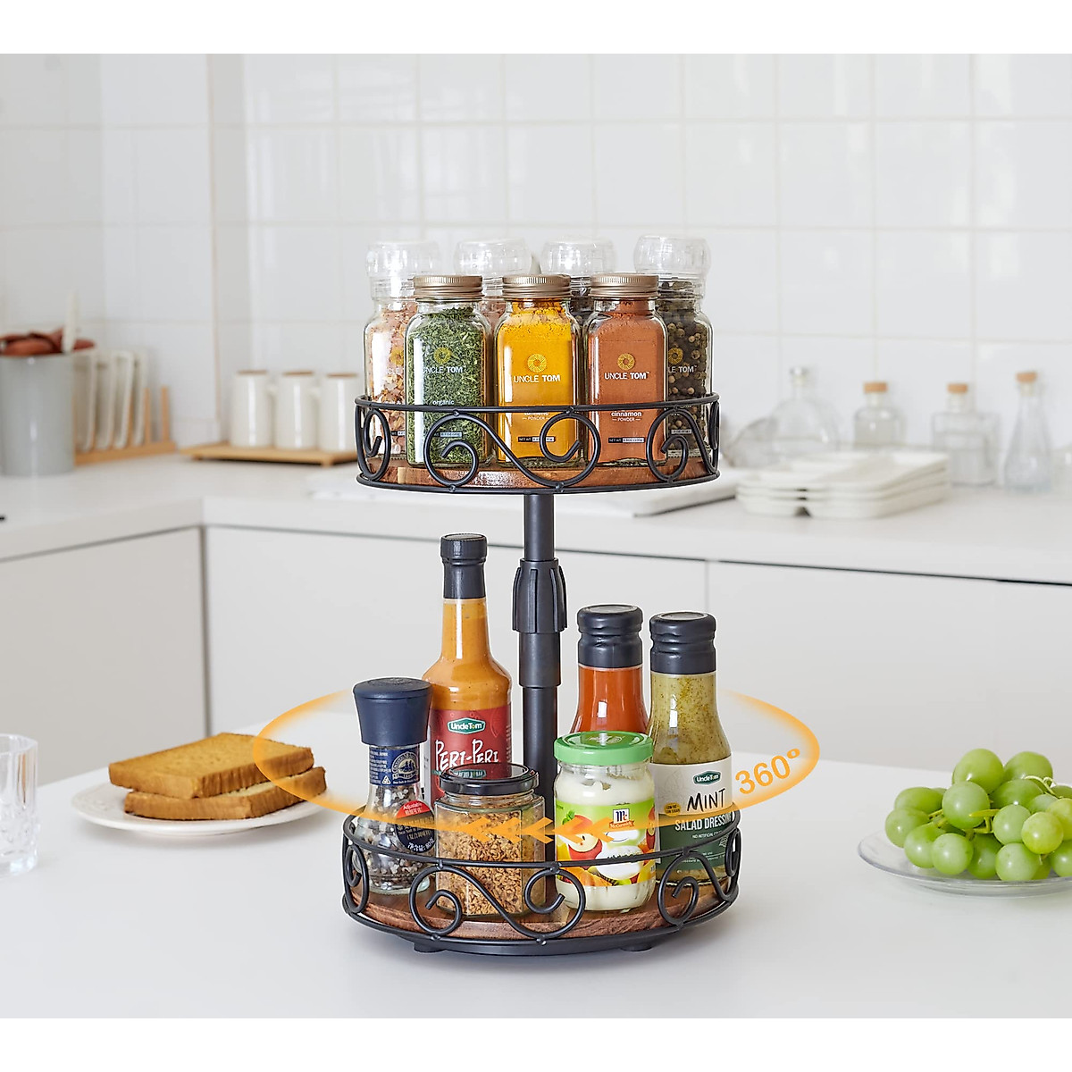 Y&M 2 Tier Lazy Susan, 9” & 10” Acacia Wood Lazy Susan Turntable Organizer, Height Adjustable Spice Rack with Steel Sides, Spice Jars Organization for Cabinet, Pantry, Kitchen, Bathroom, Countertop