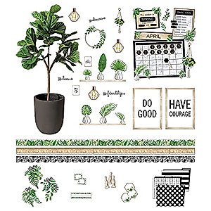 Schoolgirl Style Simply Boho Classroom Decor Bundle, Boho Decor, Classroom Calendar, Bulletin Board Paper, Boho Plants, Name Tag, Name Plate, Motivational Poster and White & Black Folder Sets (353 pc)