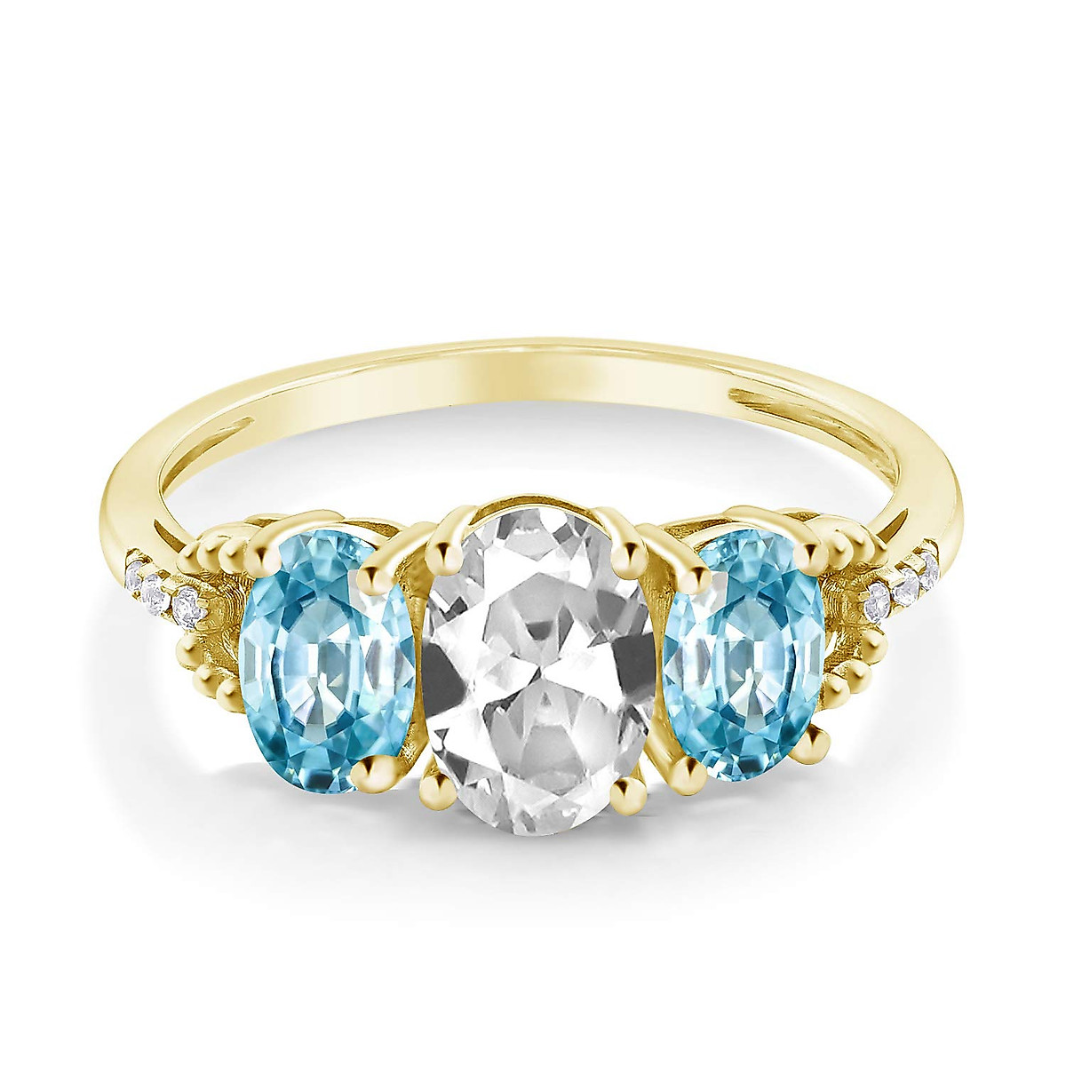 Gem Stone King 10K Yellow Gold White Created Sapphire Blue Zircon and White Diamond 3-Stone Engagement Ring For Women (2.32 Cttw, Available In Size 5, 6, 7, 8, 9)