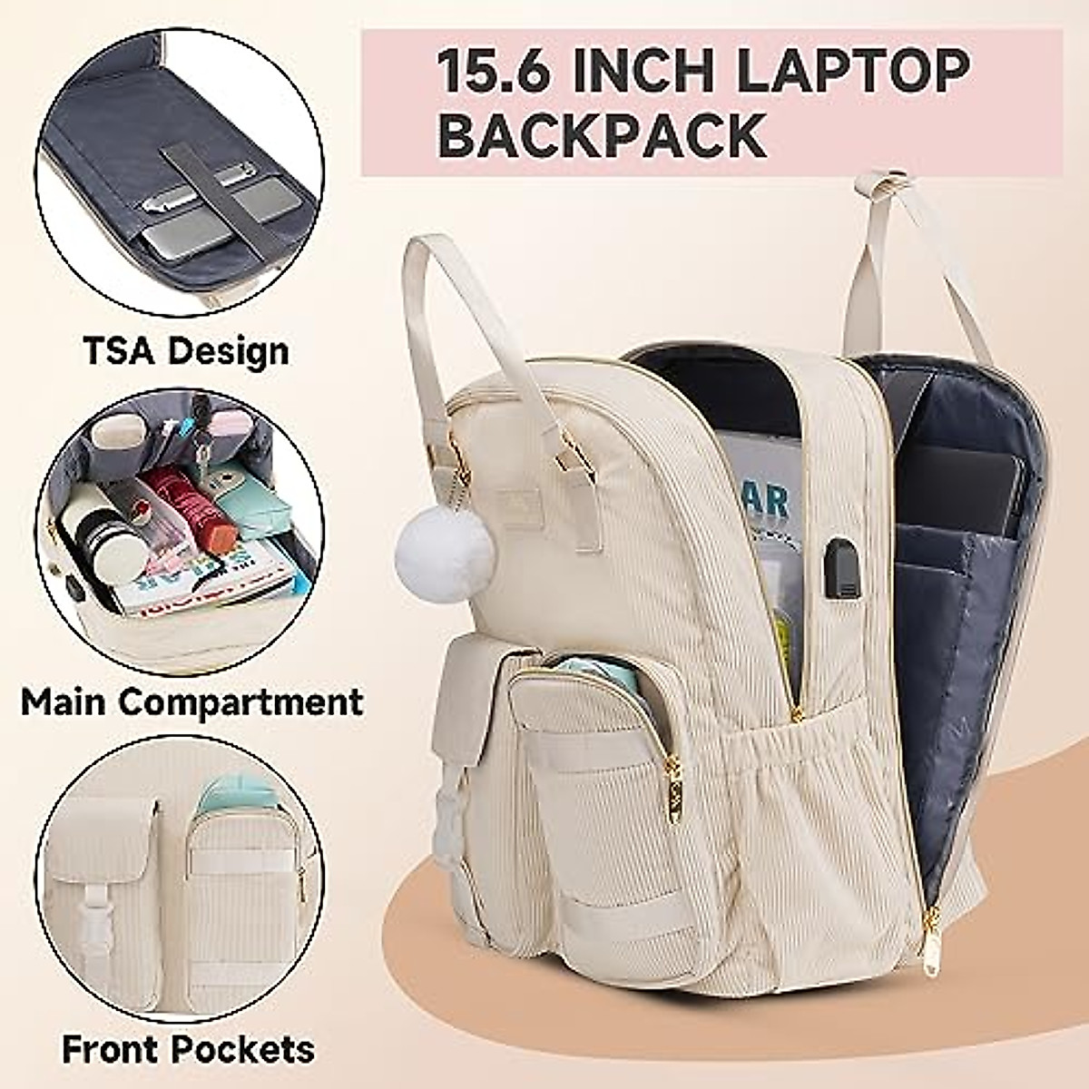 Backpack for Teens Girls, 15.6 Inch Cute Corduroy College School Computer Bookbag with USB Charging Port, TSA Lightweight Soft Travel Backpack Aesthetic Purse Bag for Women Nurse Teacher Work, Beige