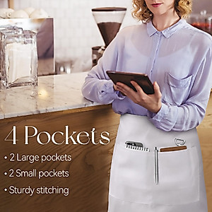 NLUS Server Apron with 4 Pockets, Water Oil Stain Resistant Waitress Waiter Apron White Waist Aprons Bistro Apron for Women Men, 34" W x 22" H