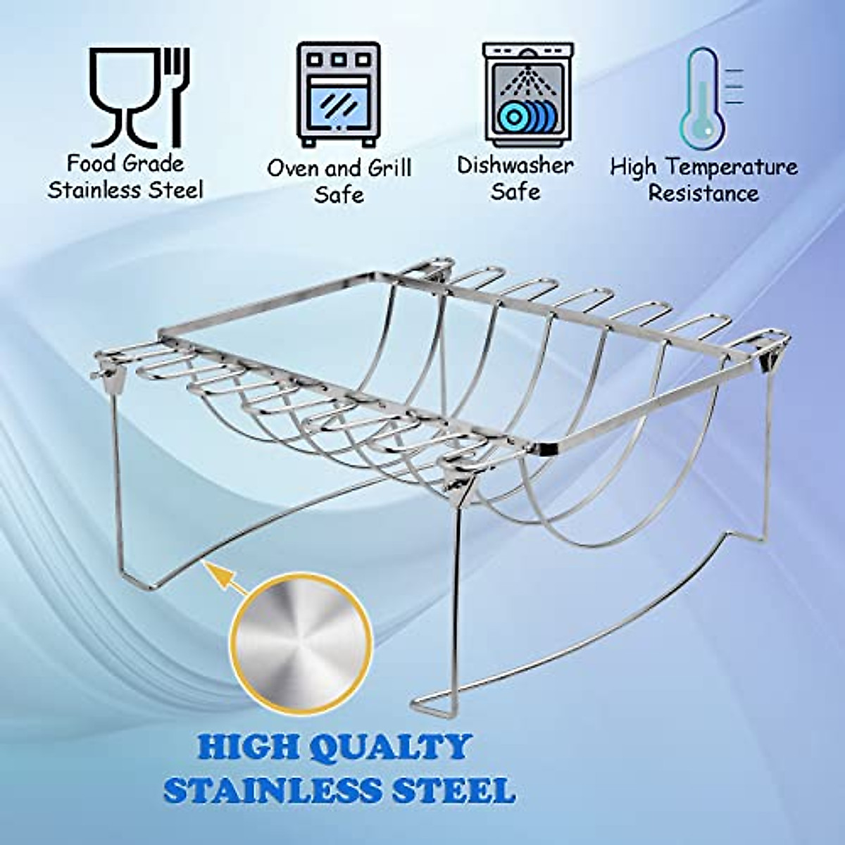 3-in-1 Rib Rack for Smoking & Chicken Leg Rack for Grill - Holds 6 Large Ribs, 12 Chicken Leg Wing, 1 Whole Chicken - Premium Foldable Space-Saving Chicken Drumstick Rib Racks for Grilling & Smoking