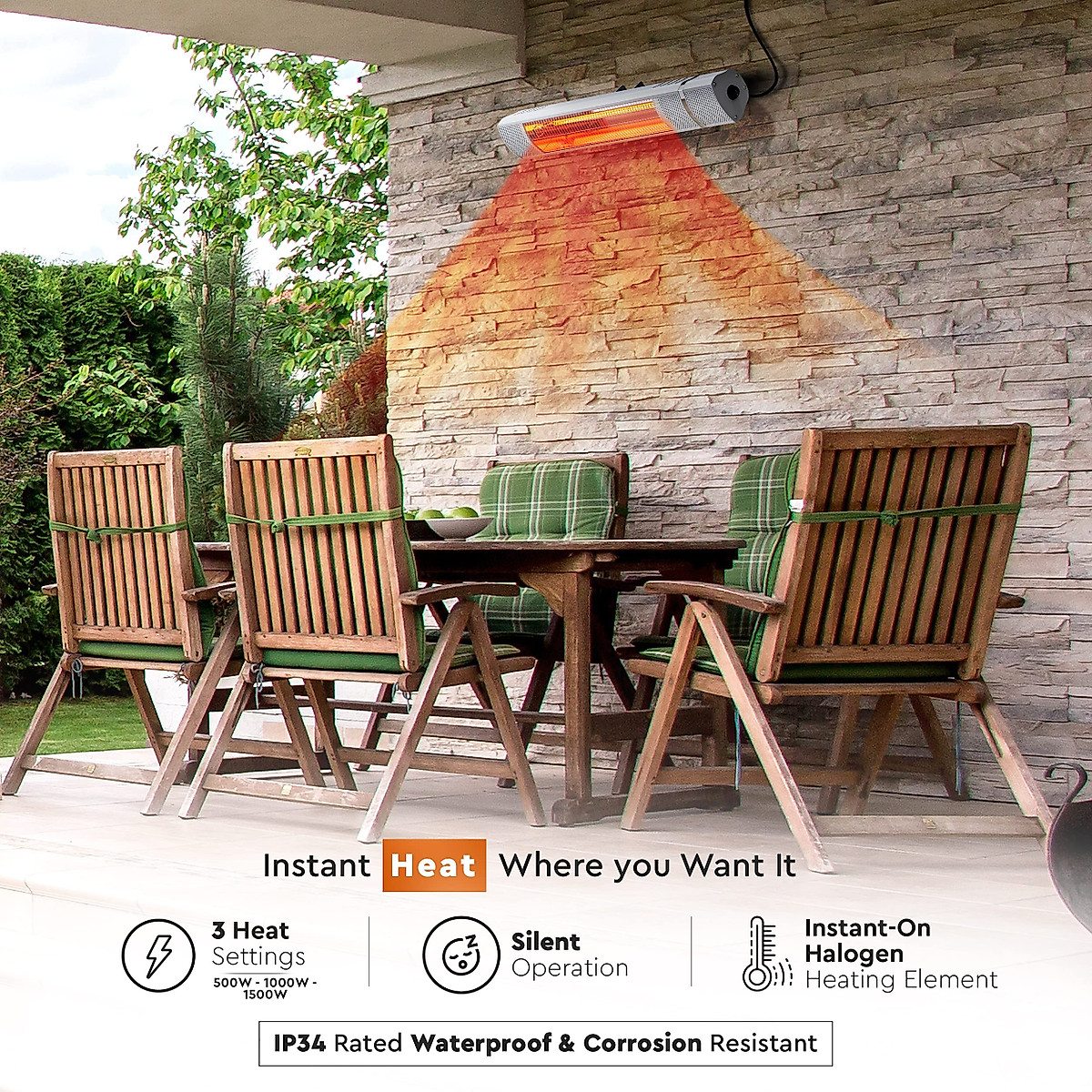 Comfort Zone Electric Indoor/Outdoor Patio Space Heater, Remote Control, IP65 Waterproof Rated, Wall-Mountable, Overheat Protection, & Tip-over Switch, Commercial and Residential, 1,500W, CZPH20RSL