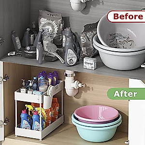 Under Sink Organizer, Under Bathroom Cabinet Storage 2 Tier Under Sink Storage Rack with 6 Hooks, Under Cabinet Organizer Baskets, Multi-purpose Under Sink Shelf Organizer for Bathroom Kitchen