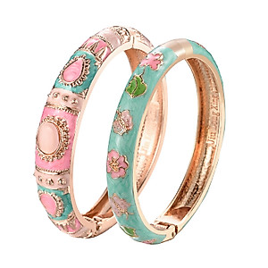 UJOY Vintage Cloisonne Jewelry Bracelet Gold Plated Handmade Bead Rhinestones Enamel Spring Cuff Bangles 2 Pcs Set for Womens Gift 7734-55A67 pink green