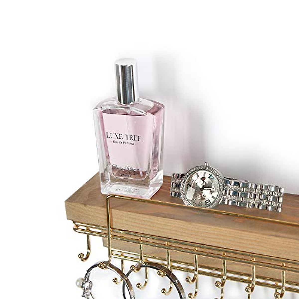 J JACKCUBE DESIGN Rustic Wood Wall Mounted Jewelry Organizer with 30 Gold Metal Hooks Display Shelf Storage for Necklaces, Bracelets, Earrings, Bows and more - MK626A