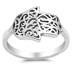 Sideways Hand of God Filigree Hamsa Ring .925 Sterling Silver Band Size 6