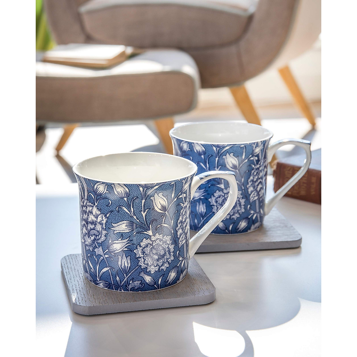 V&A Coffee and Tea Mugs, Porcelain Bone China Mug, William Morris Wild Tulip Design, 300ml, Set of 2, Gift Boxed