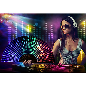 Amajiji UV Glow Rave Folding Hand Fan for Festivals/DragQueen/Burlesque, Large Clack Festival Hand Fan Rave Accessories for WomenWomen/Men (Dj Light)