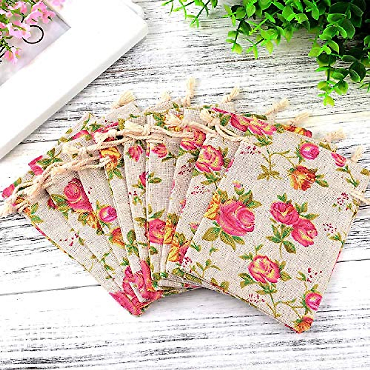 Pangda 30 Pieces Small Size Rose Drawstring Bags Burlap Flower Pouch Bags Linen Gift Bags Jewelry Pouches for Wedding DIY Craft Party (3.9 x 5.3 Inch)