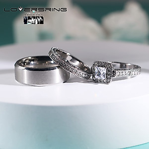 LOVERSRING Couple Ring Bridal Set His Hers Women 10k White Gold Filled AAA Cz Men Stainless Steel Wedding Ring Band Set