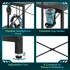 Bestier 55 inch Gaming Desk with Power Outlets & LED Lights, Computer Desk with Monitor Stand & Adjustable Shelves, Home Office Desk with Cup Holder & Hook, Black 3D Carbon Fiber