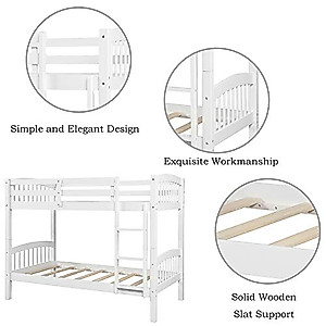 CJLMN Twin Over Twin Bunk Beds, Convertible Into Two Individual Solid Wood Beds, Children Twin Sleeping Bedroom Furniture Ladder and Safety Rail for Kids Boys & Girl, Easy Assembly (White)