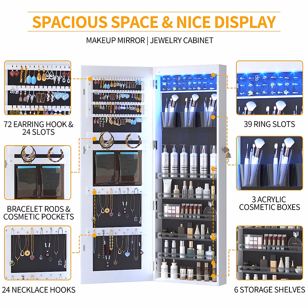 LVSOMT LED Mirror Jewelry Cabinet, Wall/Door Mount Jewelry Organizer Armoire with Lights, Full Length Mirror with Jewelry Storage, Over the Door Hanging Jewelry Cabinet (White)