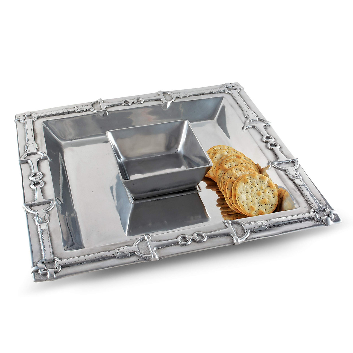 Arthur Court Equestrian Chip and Dip Platter in Bit Pattern with Removable Bowl - Sand Casted in Aluminum with Artisan Quality Hand Polished Designer Tarnish-Free Horse Décor 15 inch Square