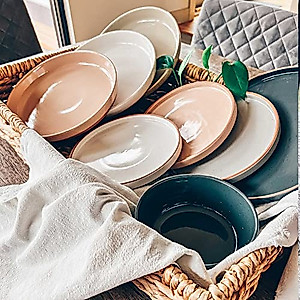Mora Ceramic Flat Pasta Bowl Set of 4-35oz, Microwave Safe Plate with High Edge - Modern Porcelain Dinnerware for Kitchen and Eating, Large Wide Bowls/Plates for Serving Dinner, Salad, etc- Neutrals