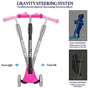 Kids Kick Scooter, 3 Wheeled Scooter for Kids, Child/Toddlers Toy, Adjustable Height, Anti-Slip Deck, Flashing Wheel Lights, for Boys/Girls 3-12 Year Old (Pink)