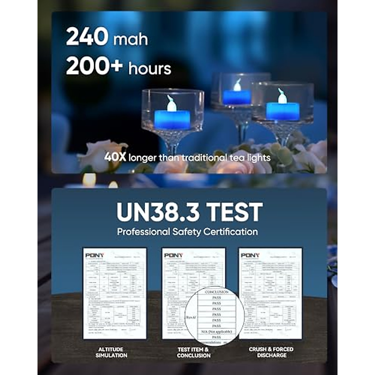 Homemory 24-Pack Flameless Blue LED Tea Lights Candles Bulk, 200+ Hours Long-Lasting Battery Operated Tea Lights, Blue TeaLights for Party, Wedding, Holiday [White Base]