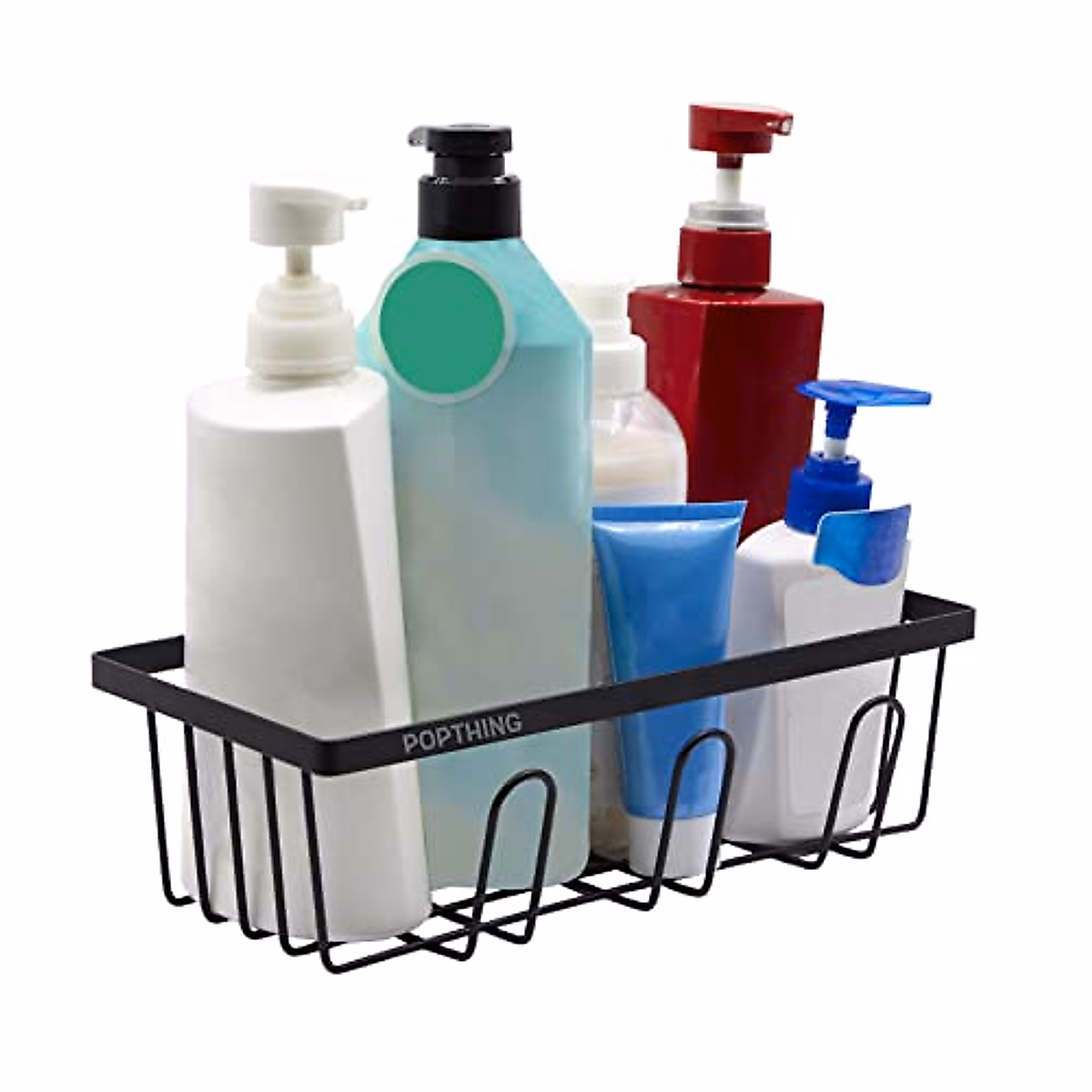 PoPThinG Shower Caddy, Bathroom Storage Shelf, Shampoo Organizer Basket with 3 Hooks and 2 Paste Adhesive. Large Capacity, Not Easy to Fall. Rust Proof Metal Shower Rack, Kitchen Storage. ( Black )