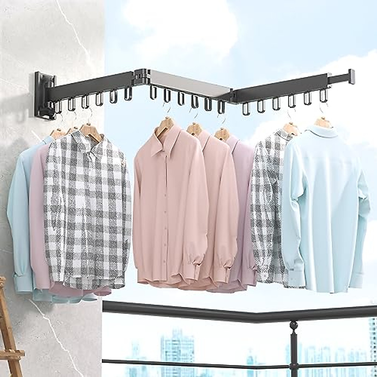BOQORAD Aluminum Clothes Drying Rack,Wall Mounted Space-Saver,Retractable,Collapsible, Strong Load-Bearing,for Balcony,Laundry,Wardrobe,Kitchen,Parlour,Bathroom,Bedroom（Windproof Ring, Three Pole）