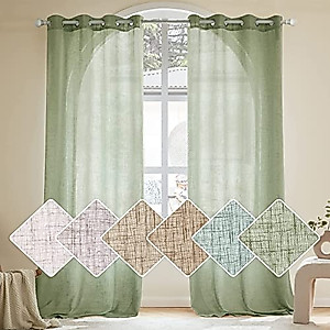 Woaboy Sage Green Semi Sheer Curtains 84 inch Length for Living Room 2 Panels Grommet Drapes Natural Linen Farmhouse Window Curtains Light Filtering and Protect Privacy 52x84 Long