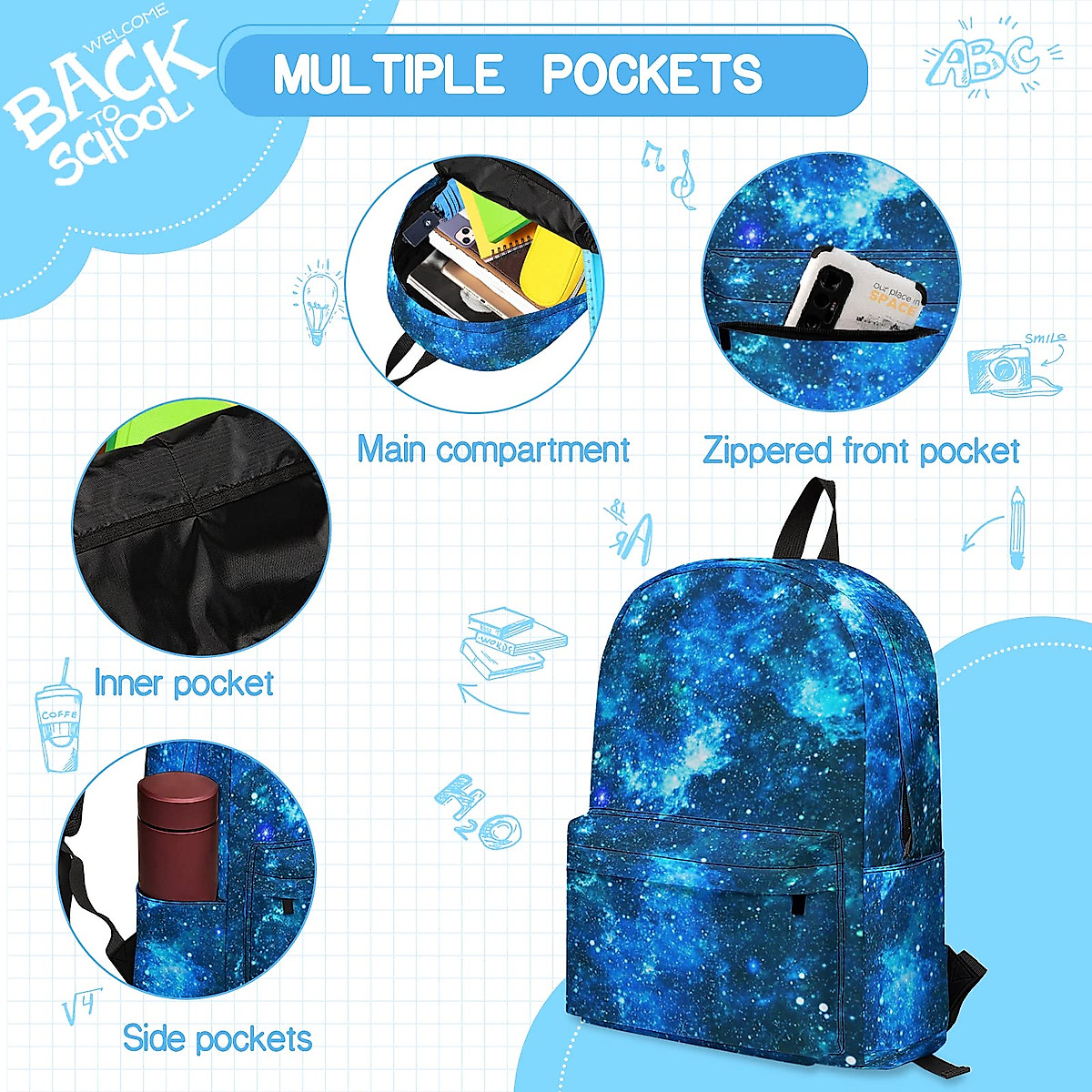 Qlonrewt Boys Girls Backpack for School, 17 Inch Aesthetic Laptop Backpacks for Travel Elementary College Middle High School, Large Capacity Bookbag School Bag Casual Daypack(Galaxy Blue)