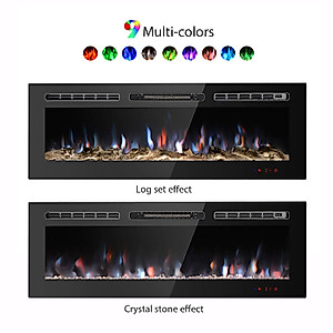 GMHome 80 Inches Wall Recessed Electric Fireplace Wall Mounted in-Wall Built Heater, Log Sets & Crystals, 9 Changeable Colors, with Remote, 1500W Fireplace, Black