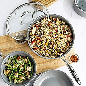 Goodful Ceramic Nonstick Pots and Pans Set, Titanium-Reinforced Premium Nonstick Coating, Dishwasher Safe Pots and Pans, Tempered Glass Steam Vented Lids, Stainless Steel Handles, 12-Piece, Gray