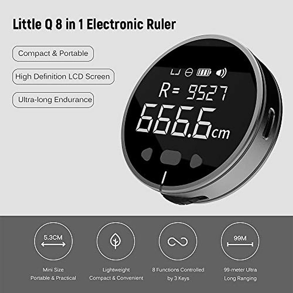 VISLONE Electronic Ruler 8 in 1 Range Finder 99m LCD Display High Accuracy Handheld Length Measuring Tool Long Standby Rechargeable Ruler