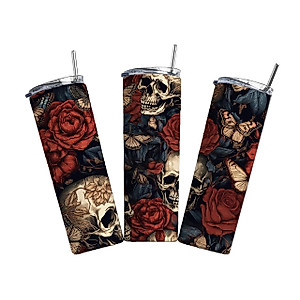 Skull Rose Butterfly Tumbler Sublimation Wrap - Ready to Press Sublimation Transfer - 20 oz Straight Tumbler Wrap, Roses, Skulls, Gothic