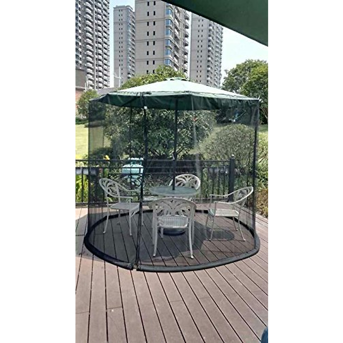 HomeRoots 9' Patio Umbrella Outdoor Table Bug Screen Mesh Black Mosquito Net Canopy Curtains Adjustable Enclosure Large Umbrella Hanging Tent 100% Polyester Light Weight Mosquito Netting
