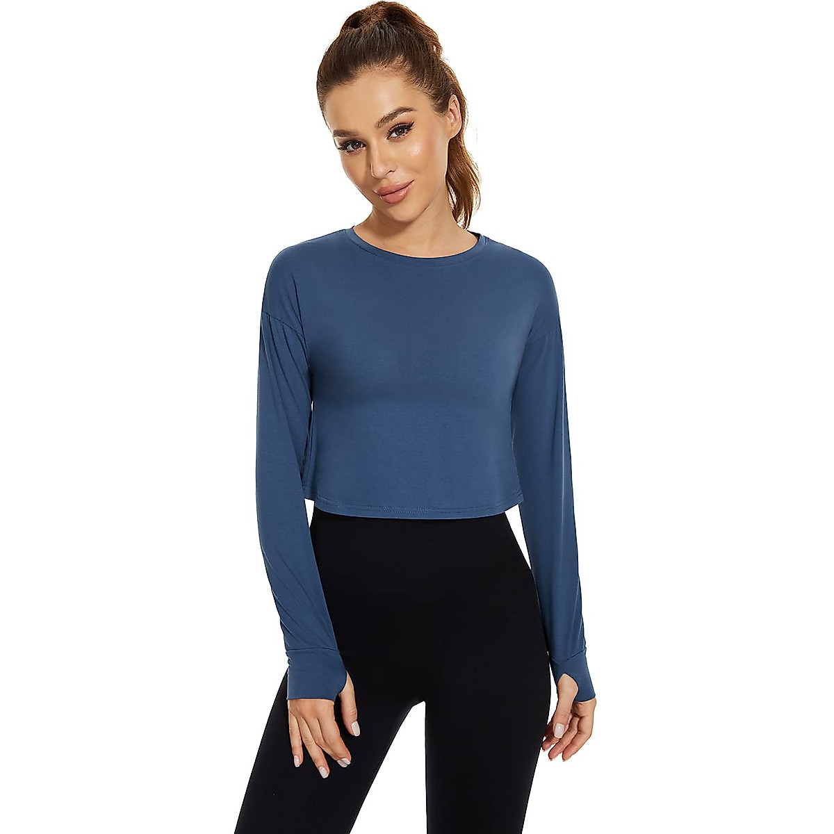 Cosy Pyro 3-Pack Long Sleeve Crop Tops Workout Athletic Gym Shirts Cropped Sweatshirts for Women Black/Gray/Navy M