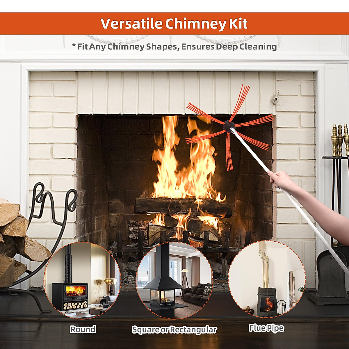 23 Feet Chimney Sweep Kit Chimney Cleaning Kit Chimney Brush, Rotary Chimney Cleaner Tool Kit with 7 Nylon Flexible Rods, Chimney Cleaning System Driven by Drill for Sweeping Fireplace Flue